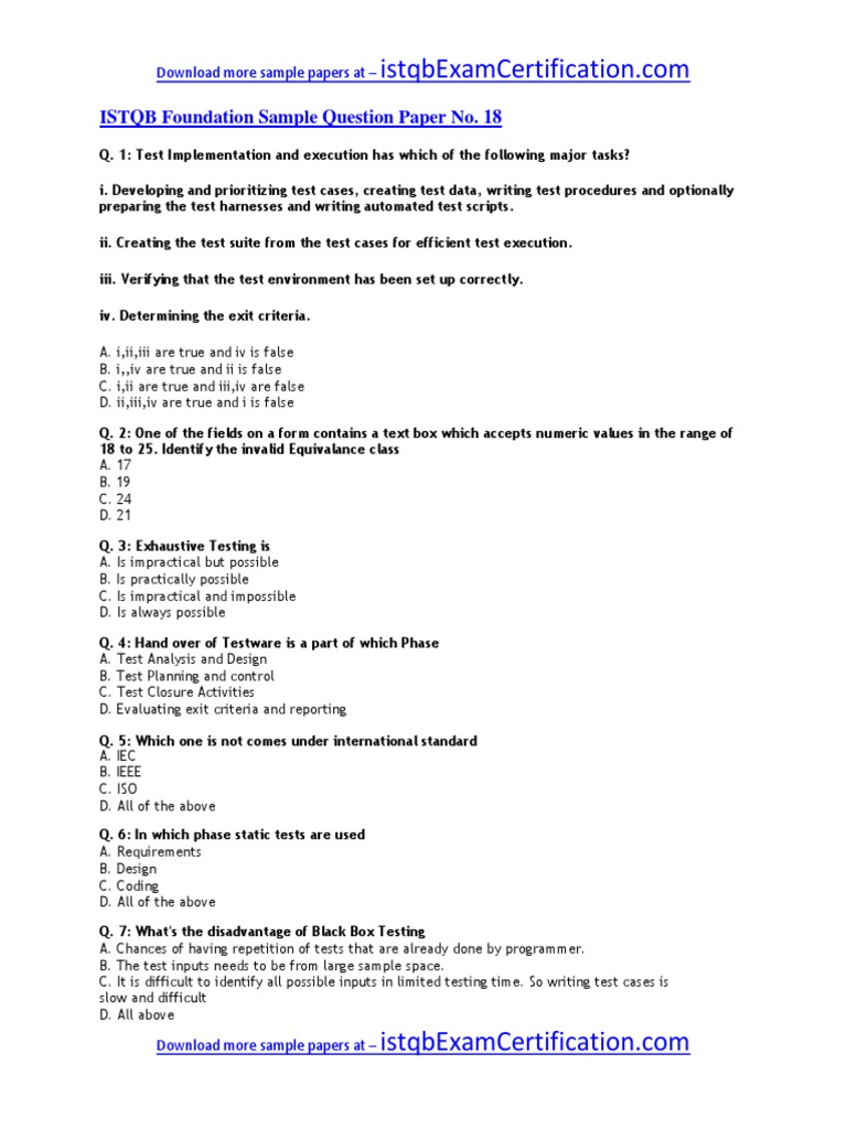 ISTQB Foundation Sample Question Paper No. 18: Download More Sample ...
