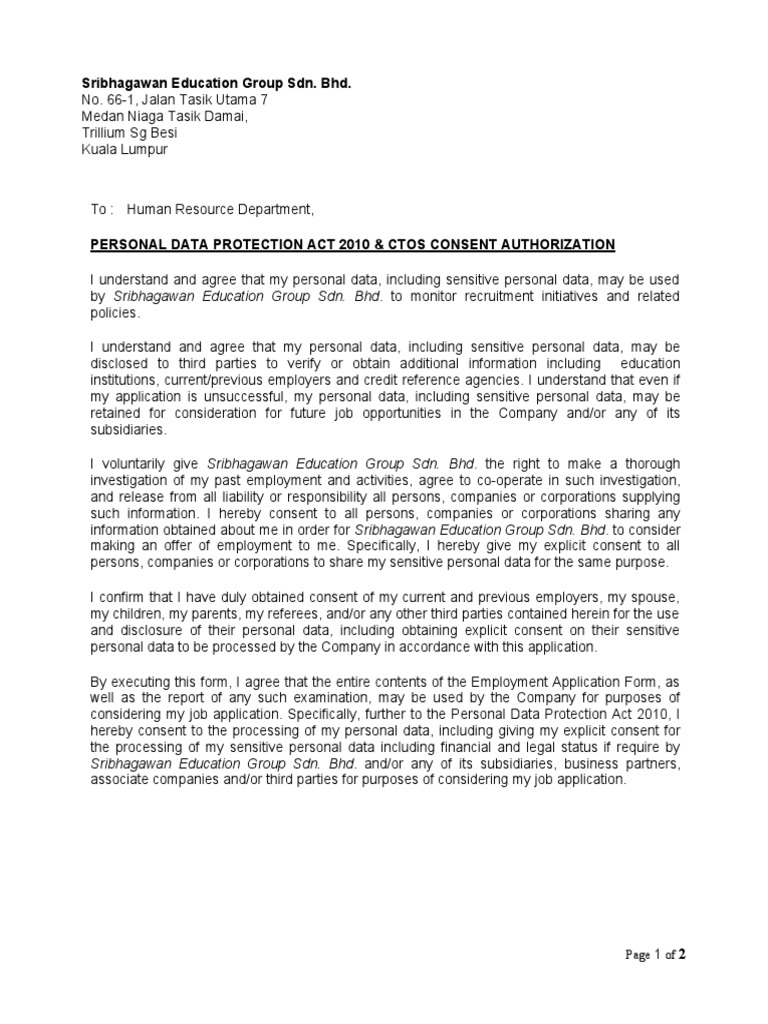 N - (Yelaoshr) PDPA Consent Letter For Applicants-3 | PDF | Credit ...