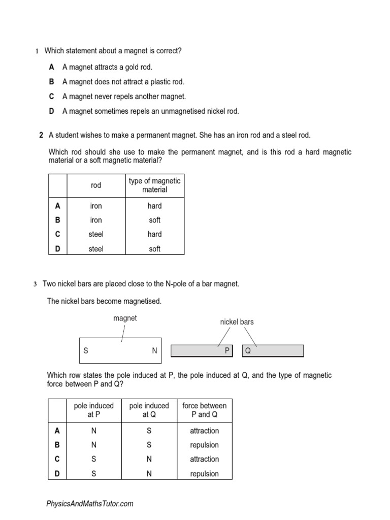 Simple Phenomena of Magnetism (Multiple Choice) QP | PDF | Magnet ...