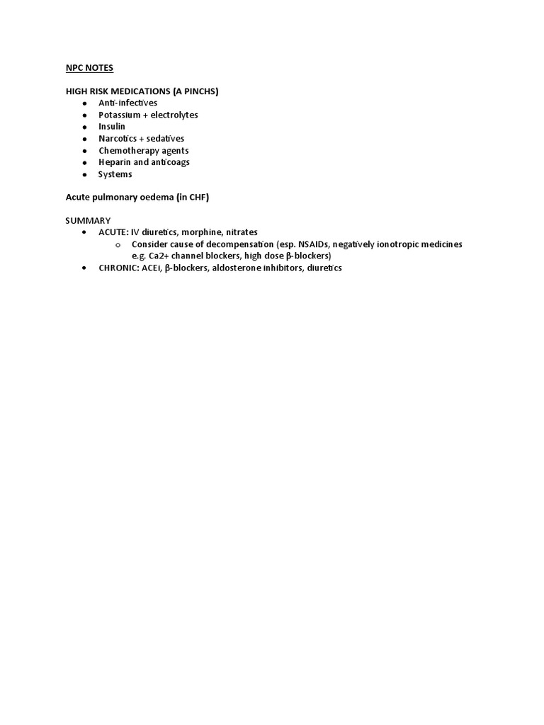 NPC Notes High Risk Medications (A Pinchs) | PDF