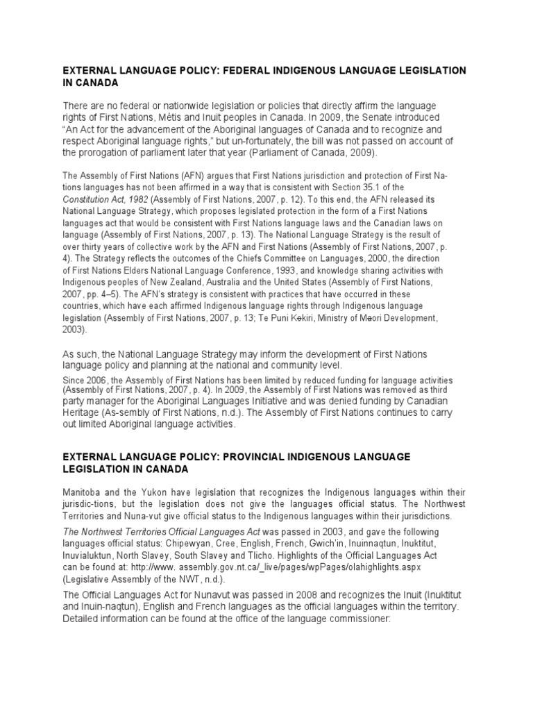 External Language Policy: Federal Indigenous Language Legislation in ...