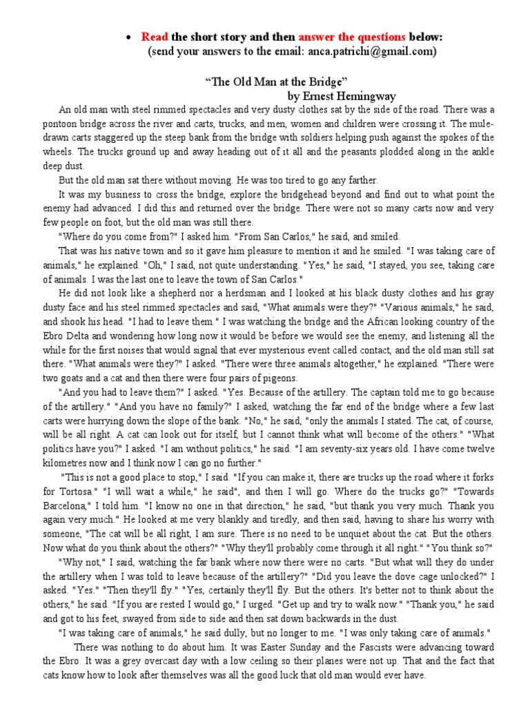 "The Old Man at The Bridge" by Ernest Hemingway: Read Answer The ...