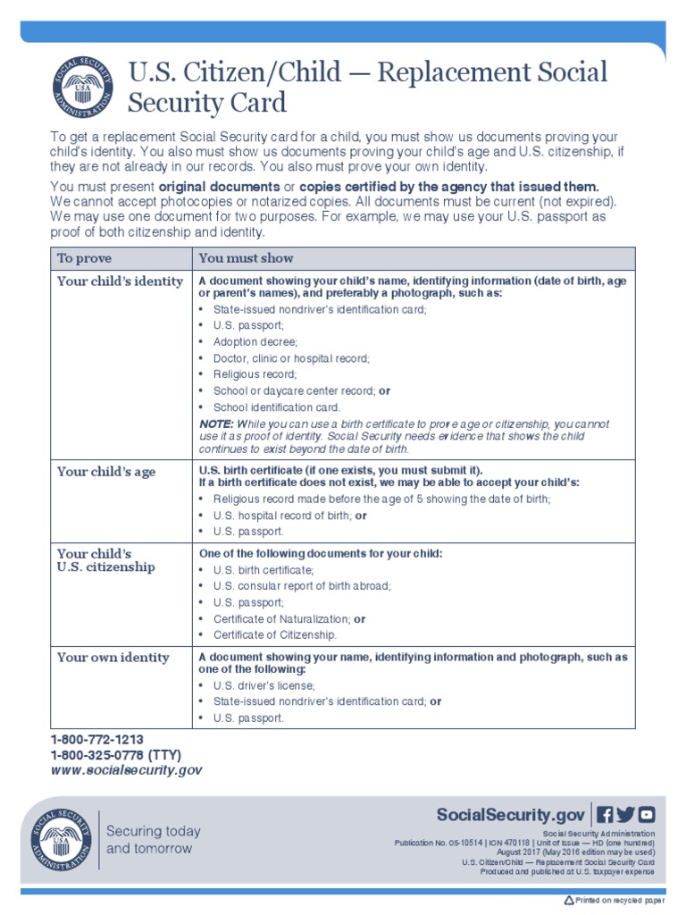 U.S. Citizen/Child - Replacement Social Security Card: Original ...