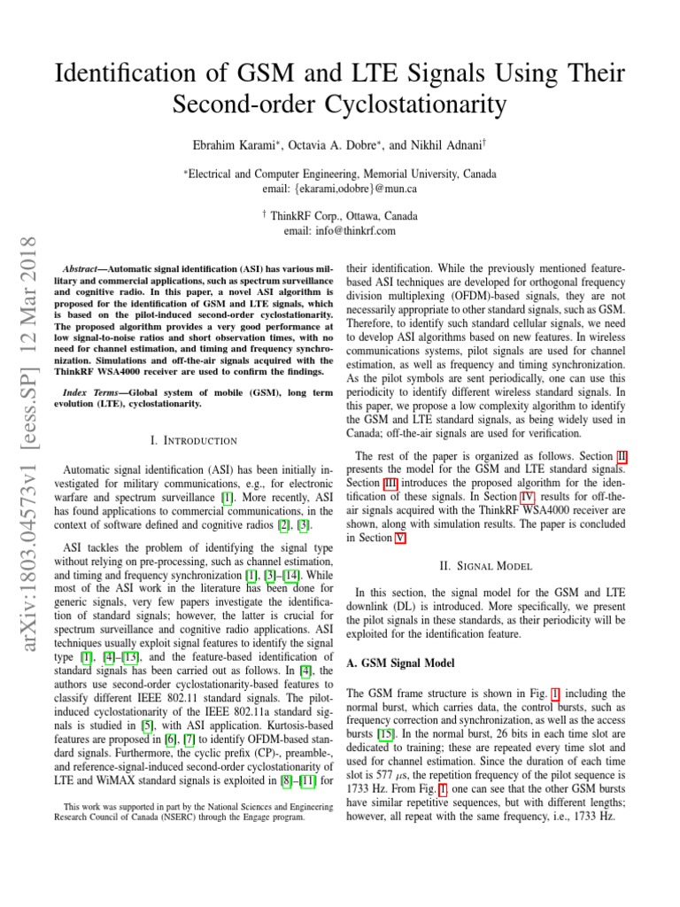 Identification Of Gsm And Lte Signals Using Their Second Order Cyclostationarity Pdf Signal