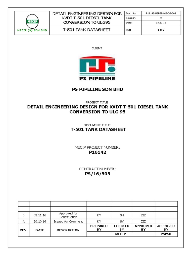 Ps Pipeline SDN BHD: Detail Engineering Design For KVDT T-501 Diesel ...