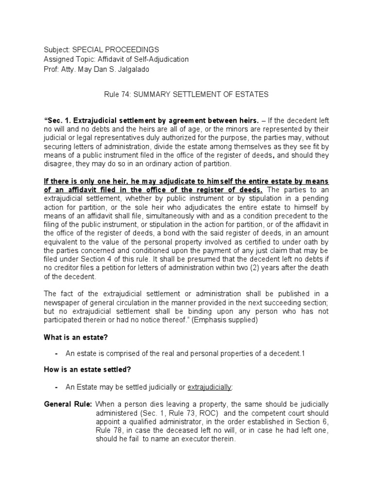 Affidavit of Self Adjudication - Handout and Sample | PDF | Intestacy ...