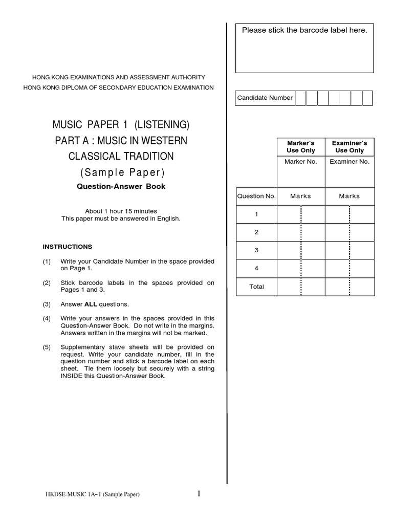 HKDSE Music Paper 1 Sample Exam | PDF | Variation (Music) | Song Structure