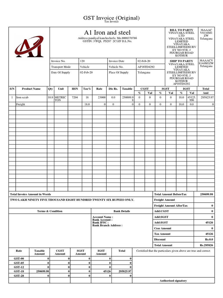 A1 Iron and Steel: GST Invoice (Original) | PDF | Government Of India ...