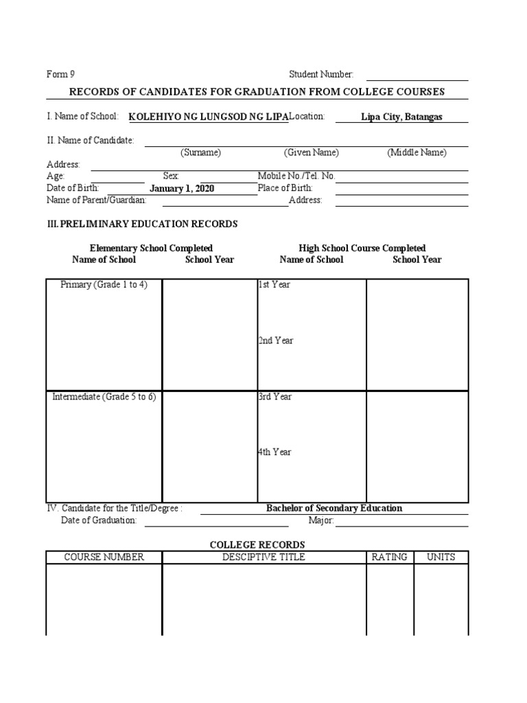 Graduation Records Form 9 Template | PDF | Middle Schools | College