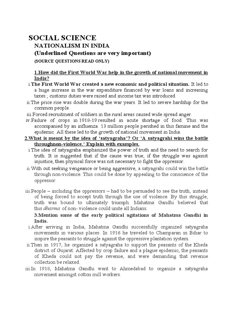 Social Science: Nationalism in India (Underlined Questions Are Very ...