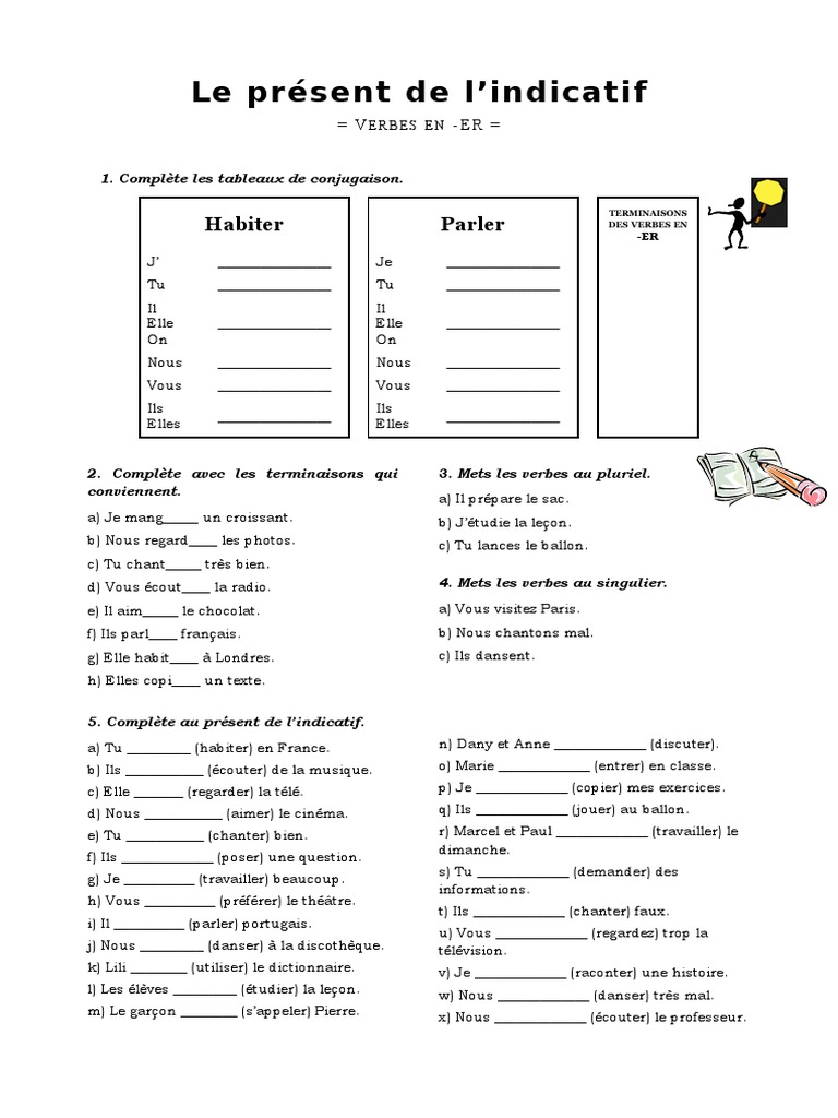 Verbes en Er Au Present de Lindicatif Exercice Grammatical Feuille ...