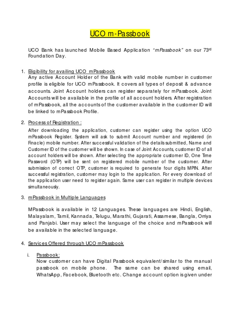 Uco M-Passbook: 1. Eligibility For Availing Uco Mpassbook | PDF ...