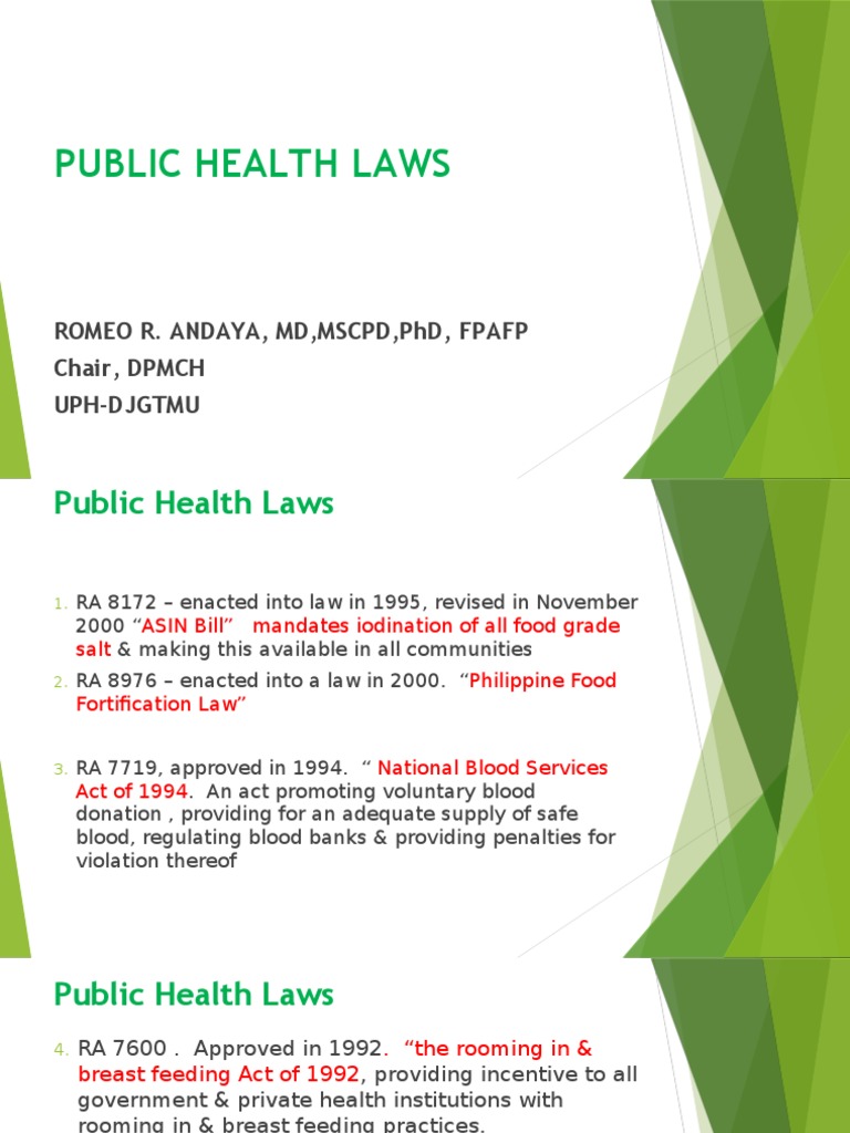 Public Health Laws: Romeo R. Andaya, MD, MSCPD, PHD, Fpafp Chair, DPMCH ...