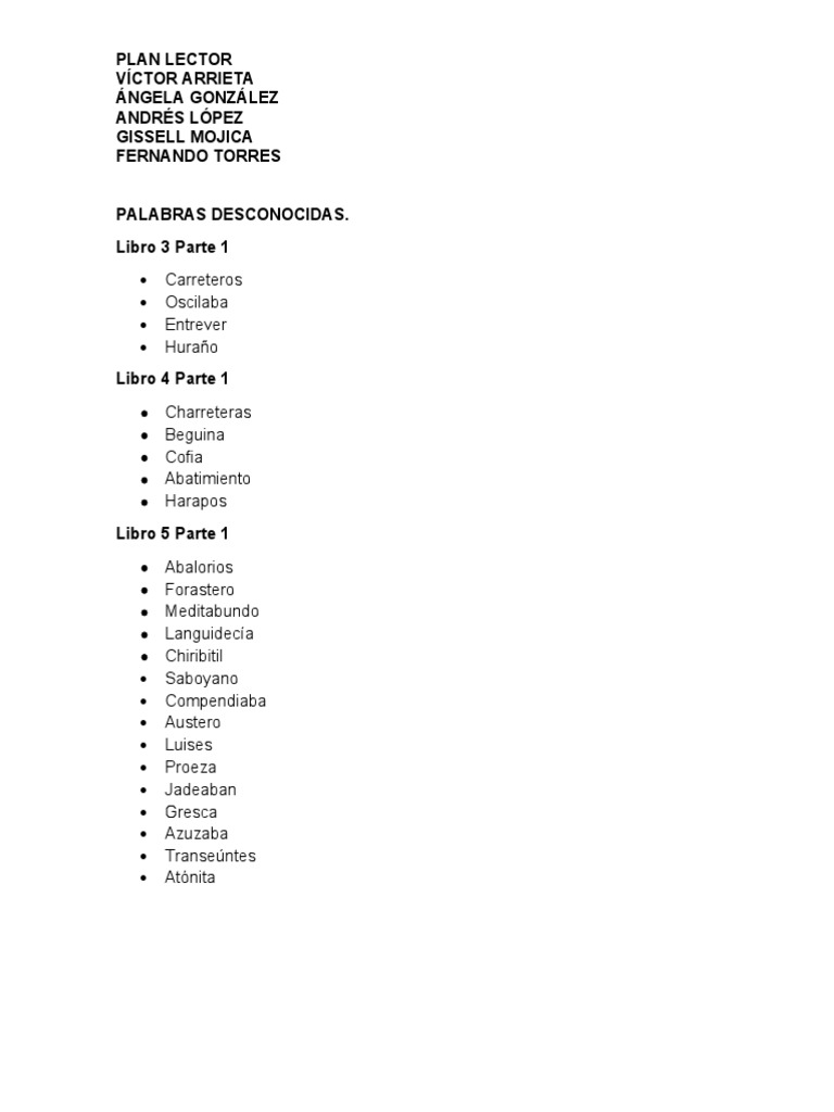 Palabras Desconocidas Plan Lector | PDF | Estudios de idiomas ...