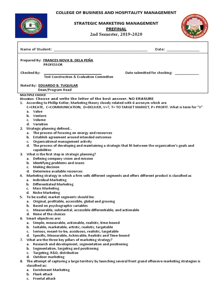 StraMa-PreFinals-with ANSWER KEY | PDF | Swot Analysis | Marketing Strategy