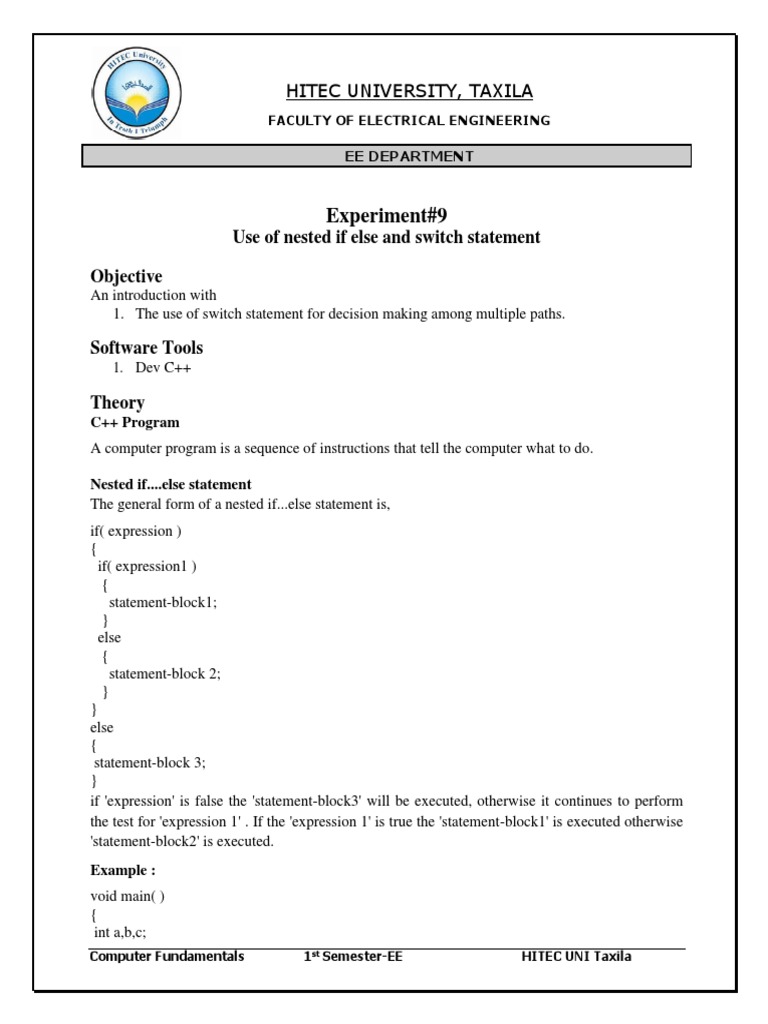 Experiment9 Use Of Nested If Else And Switch Statement Objective Pdf Computer Engineering