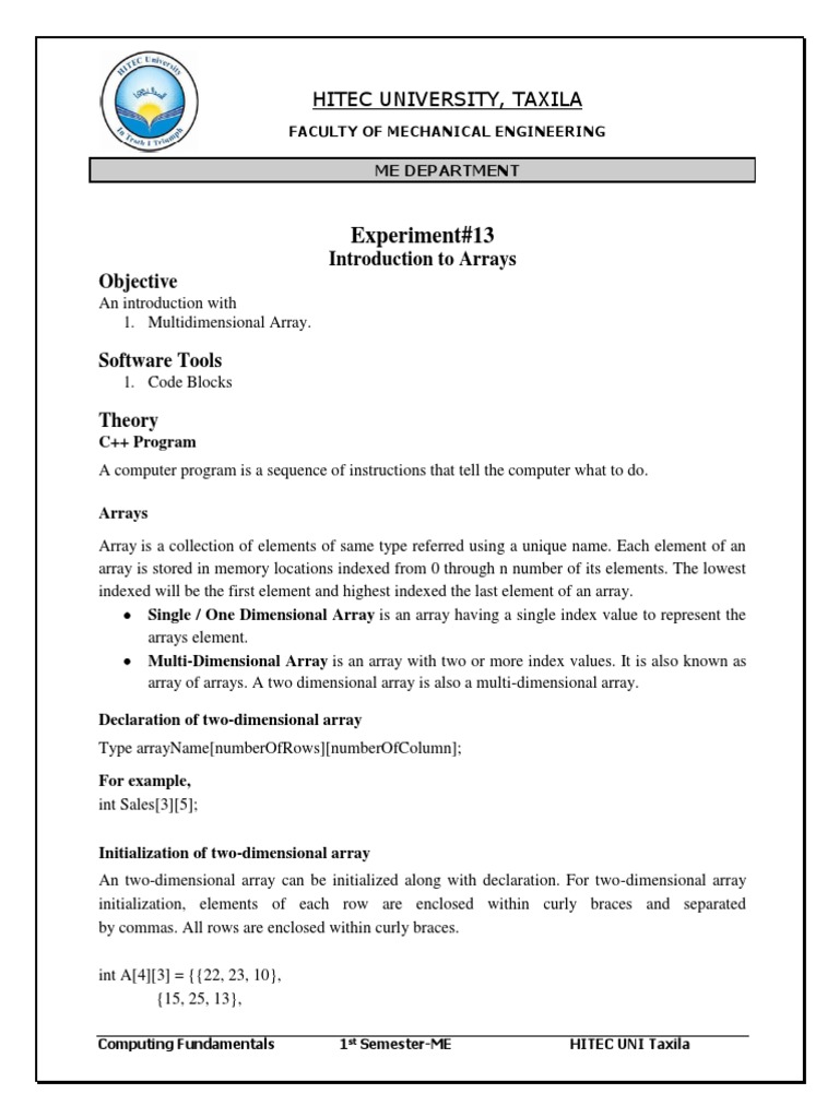 Experiment#13: Introduction To Arrays Objective | PDF | Array Data Structure | Array Data Type