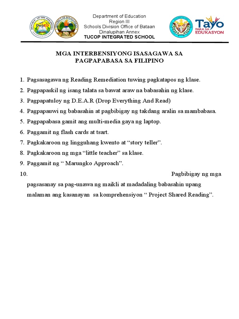 Reading Interventions - Filipino | PDF
