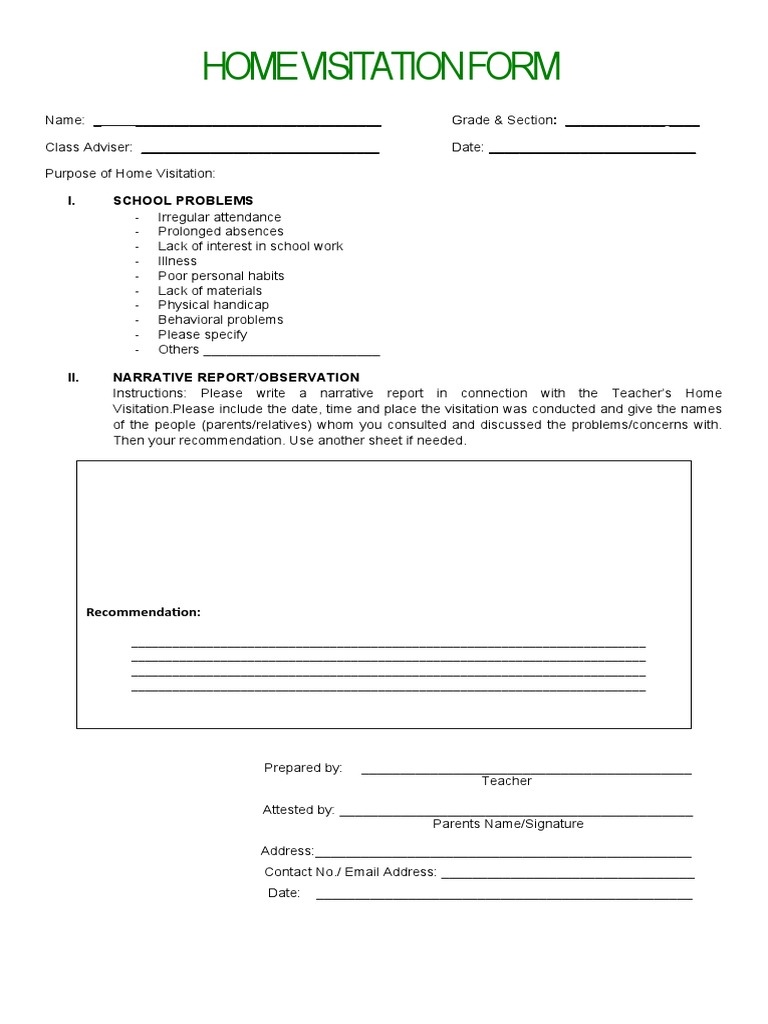 Home Visitation Form: I. School Problems | PDF