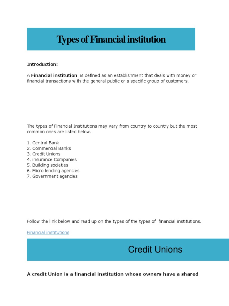 Types of Financial Institution | PDF | Credit Union | Banks