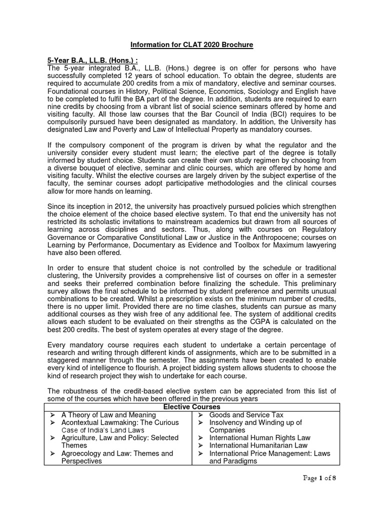 Information For CLAT 2020 Brochure 5-Year B.A., LL.B. (Hons.) | PDF ...