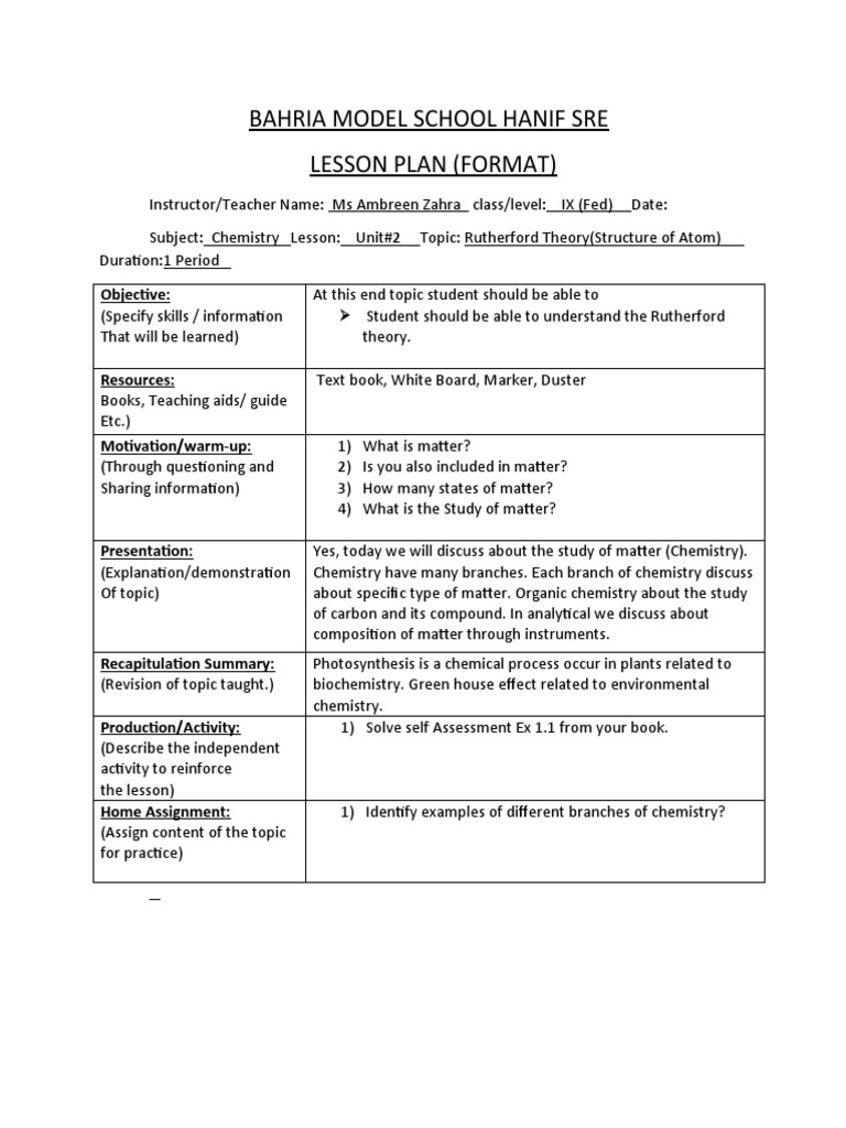 Bahria Model School Hanif Sre Lesson Plan (Format) : Objective | PDF