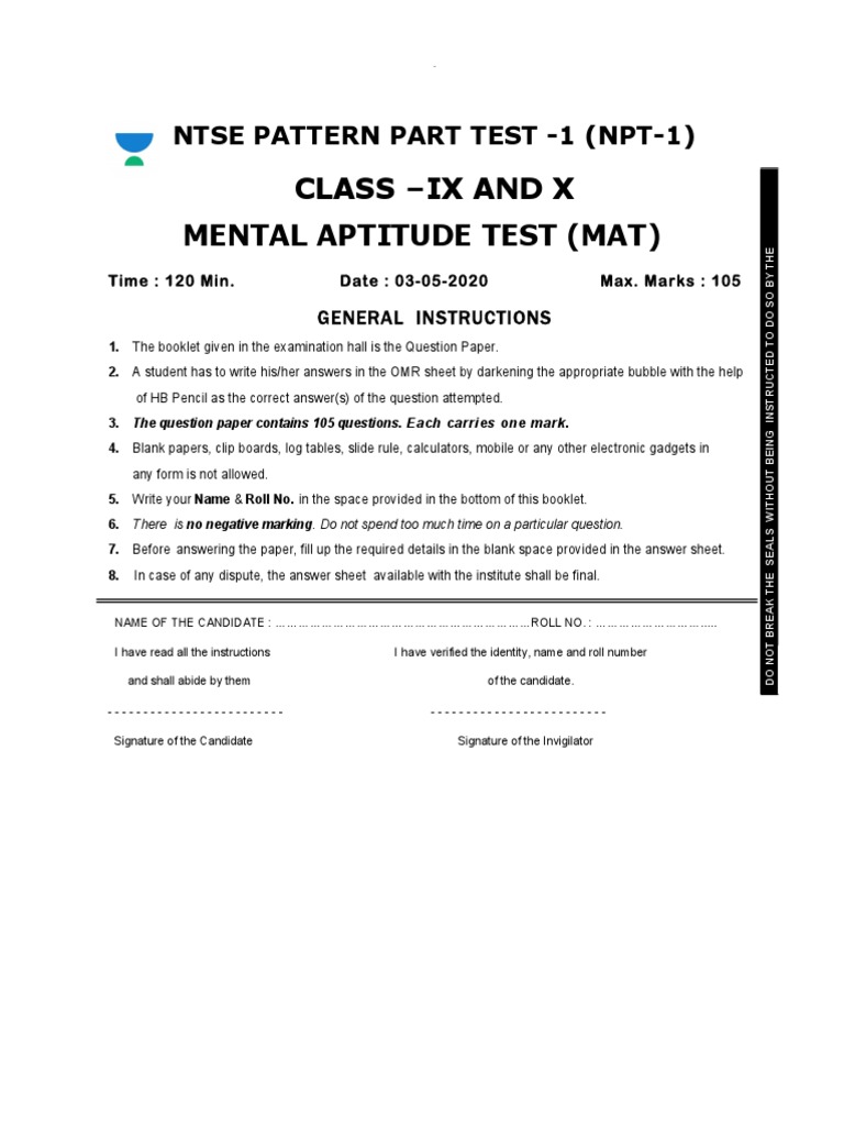 Mental Aptitude Test (Mat) : Class - Ix and X | PDF | Test (Assessment ...