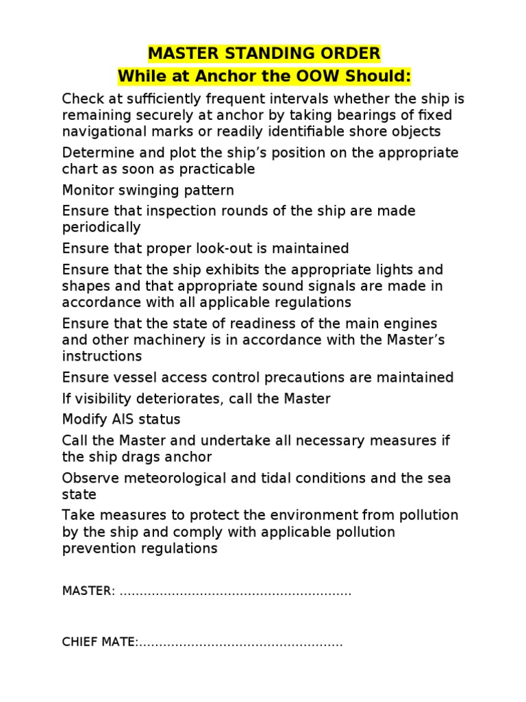 MASTER STANDING ORDER at Anchor | PDF