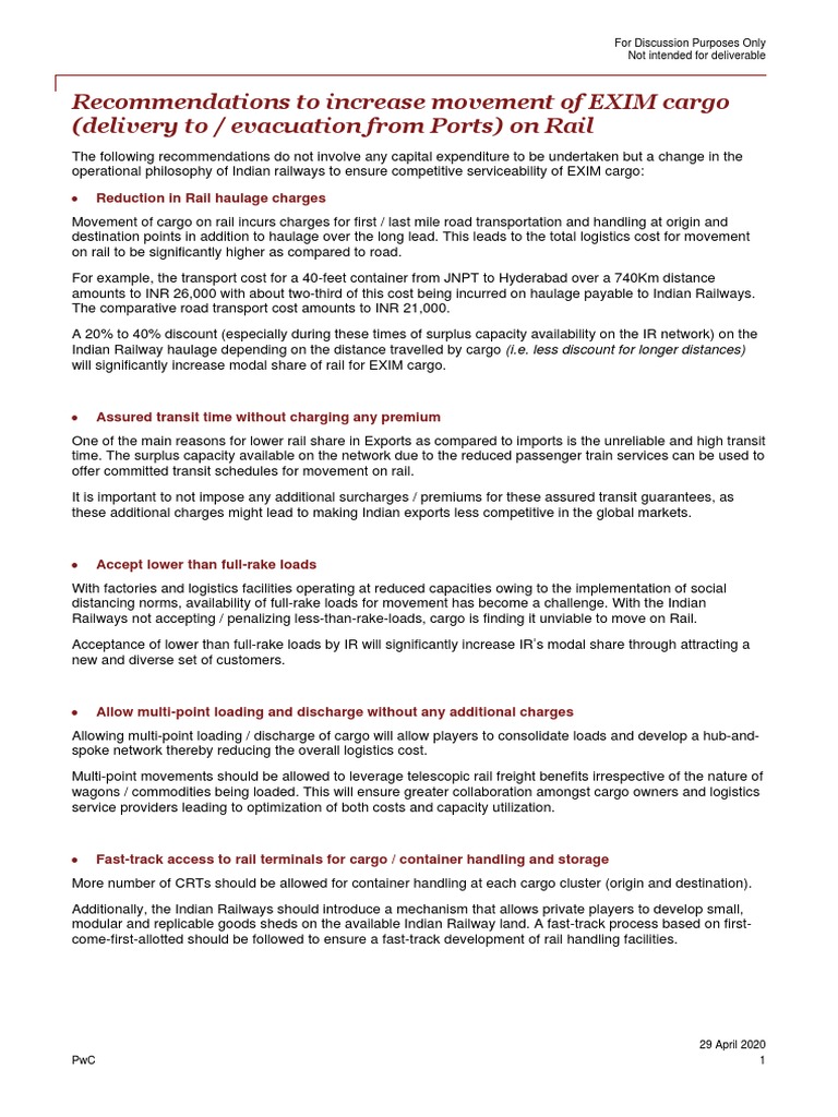 Recommendations To Increase Movement of EXIM Cargo (Delivery To ...