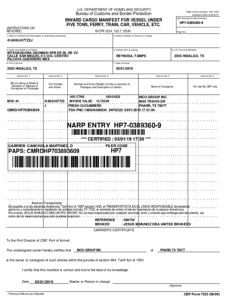 CBP Form 7533 Inward Cargo Manifest | PDF | U.S. Customs And Border ...