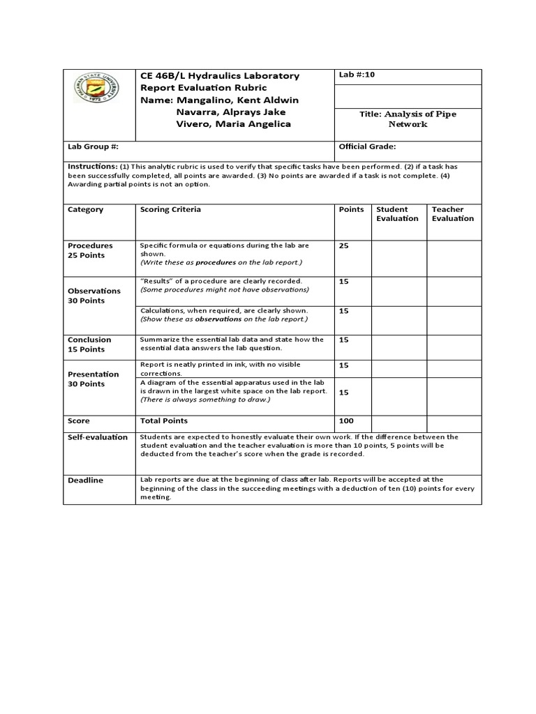 CE 46B/L Hydraulics Laboratory Report Evaluation Rubric Name: Mangalino ...