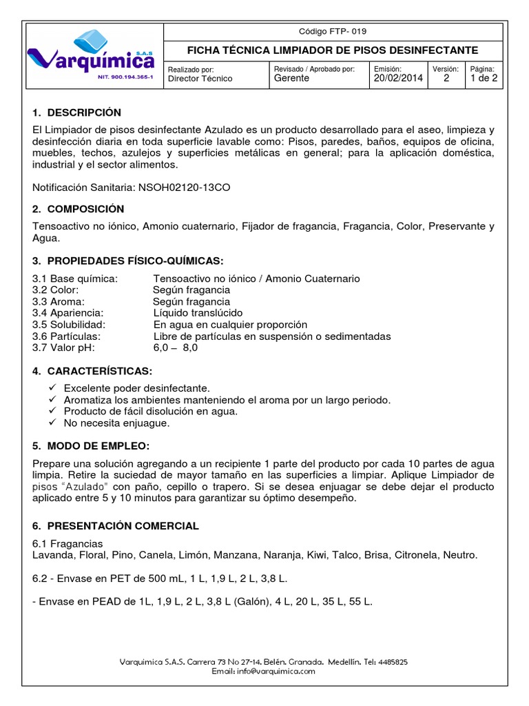 Hoja de Seguridad Limpiador de Pisos Desinfectante | PDF | Perfume | Agua