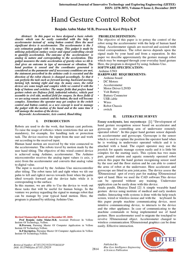 Hand Gesture Control Robot - Benjula Anbu Malar M B, Praveen R, Kavi ...