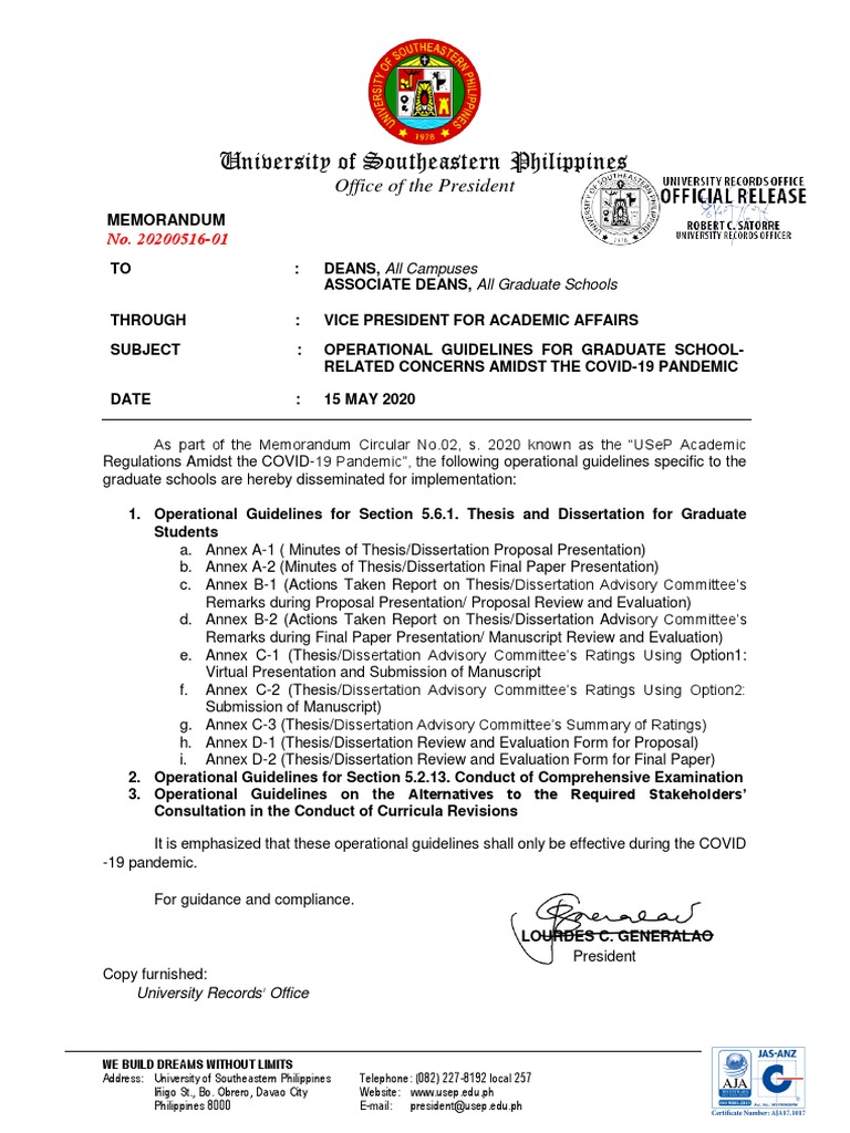 Memo 20200516 01 Operational Guidelines For Graduate School Related ...