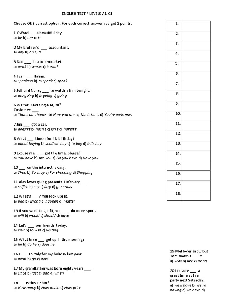 English Placement Test A1c1 Reading Comprehension Exercises Tests ...
