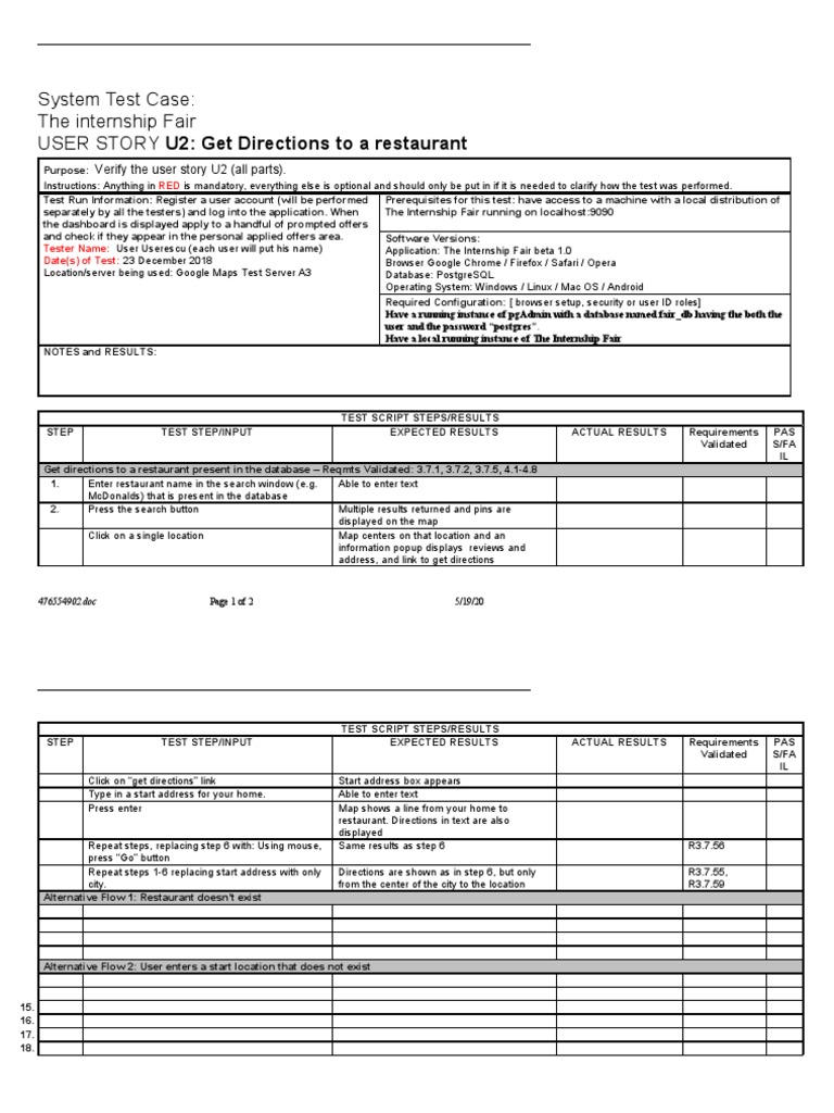 System Test Case: The Internship Fair USER STORY U2: Get Directions To ...