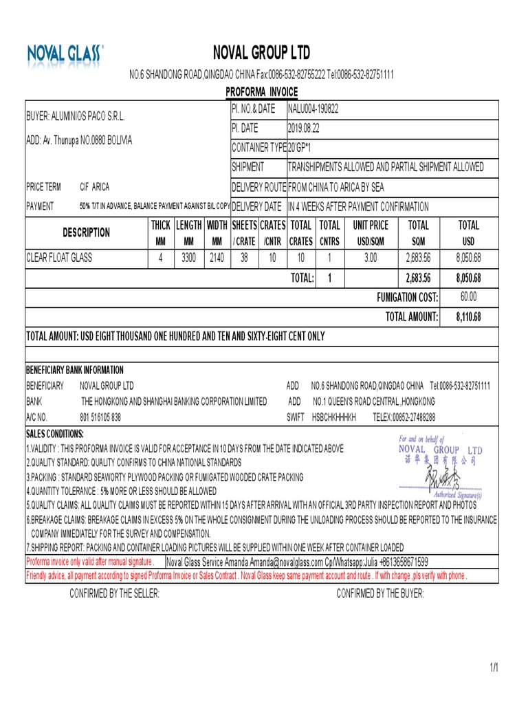 Proforma Invoice for Clear Float Glass | PDF | Invoice | Business Law