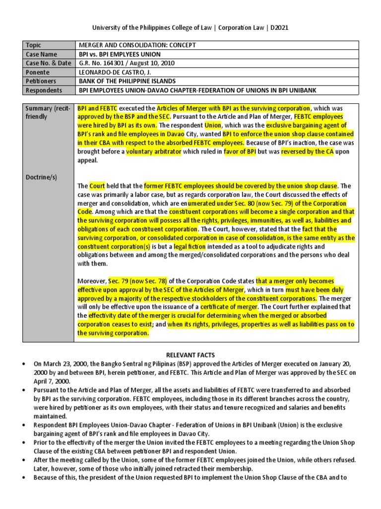 BPI v. BPI Employees Union | PDF | Corporations | Mergers And Acquisitions