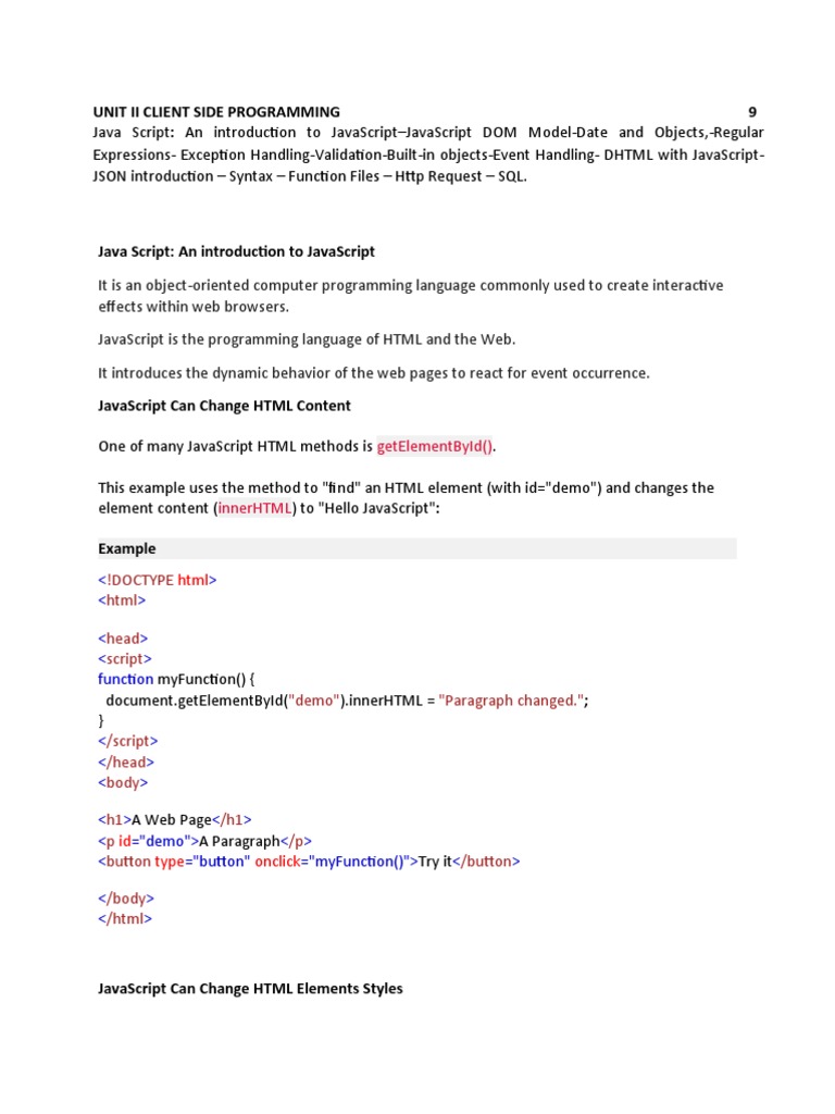 Unit 2 Notes Pdf Dynamic Html Document Object Model