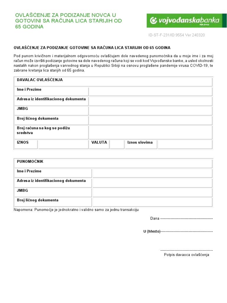 Ovlašćenje Za Podizanje Gotovine Sa Računa Lica Starijih Od 65 Godina | PDF