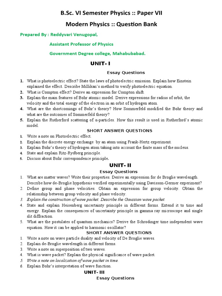 B.Sc. VI Semester Physics:: Paper VII Modern Physics:: Question Bank ...