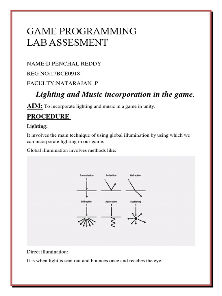 Game Programming Lab Assesment: Lighting and Music Incorporation in The Game | PDF