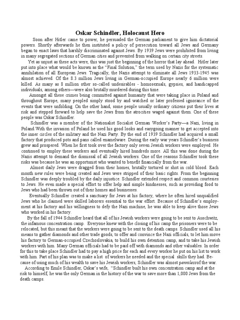 Oskar Schindler Holocaust Hero Handout | PDF | Nazi Germany | The Holocaust
