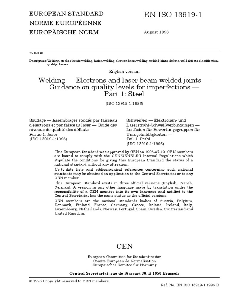 En Iso 13919-1 - 1996 | PDF | Nondestructive Testing | Welding