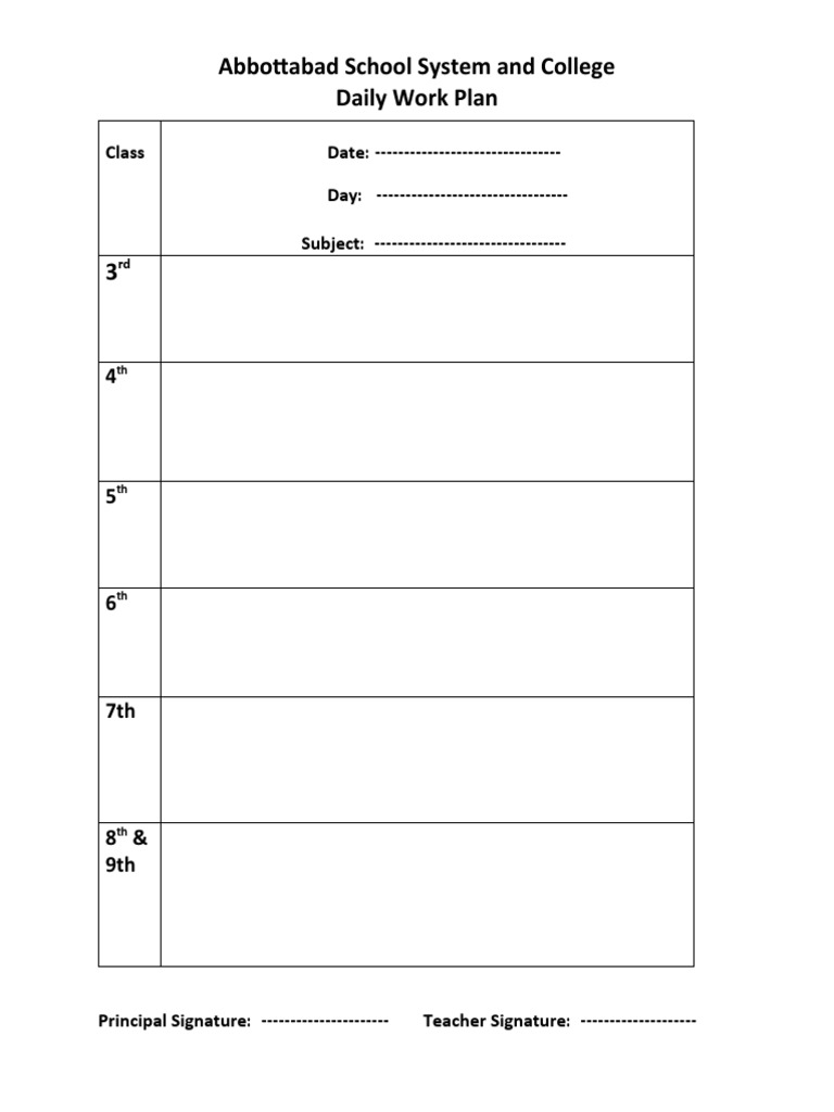 Abbottabad School System and College Daily Work Plan | PDF