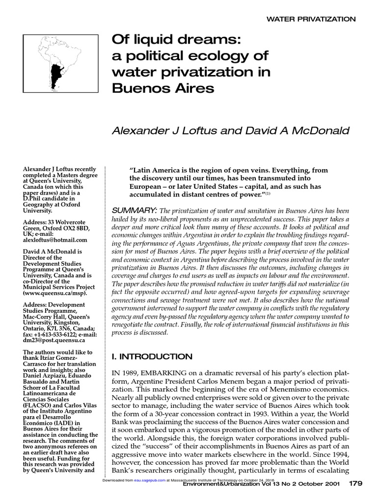 Of Liquid Dreams: A Political Ecology of Water Privatization in Buenos Aires | PDF | Argentina ...