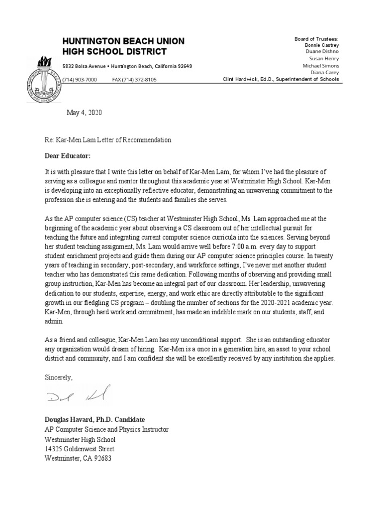 Letter of Recommendation Kar-Men | PDF | Teachers | Learning
