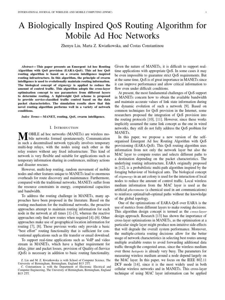 A Biologically Inspired Qos Routing Algorithm For Mobile Ad Hoc Networks | PDF | Quality Of ...