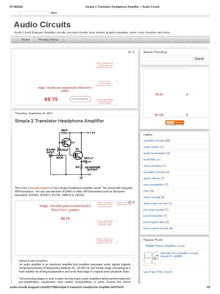 Transistor Headphone Amplifier Audio Circuit | PDF | Amplifier ...
