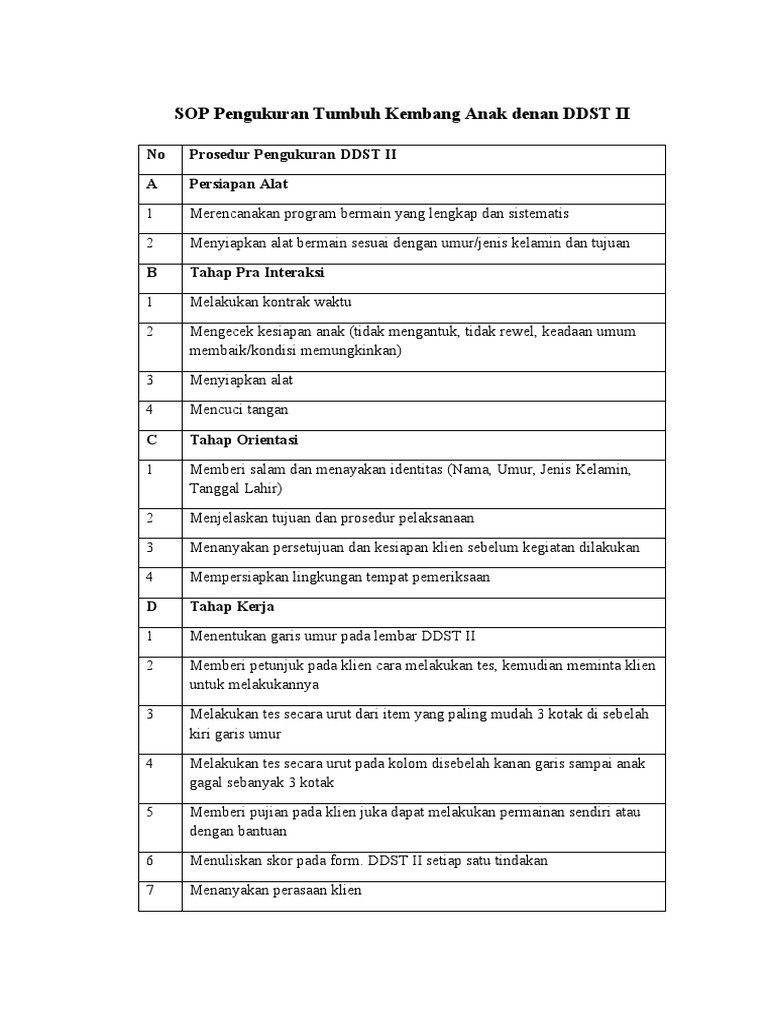 SOP Pengukuran Tumbuh Kembang Anak Denan DDST II | PDF